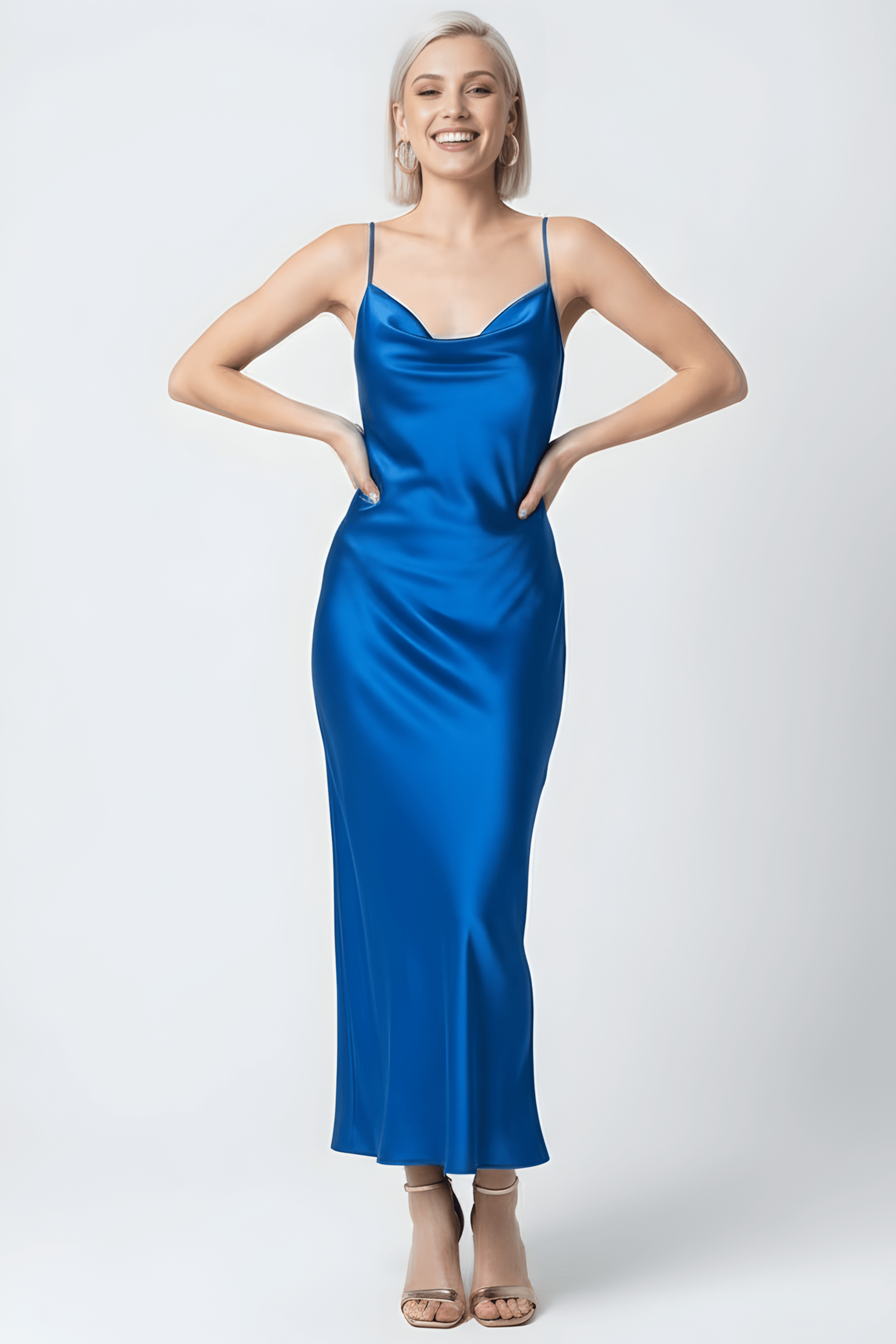 Vestido azul royal raso largo tirantes con escote fruncido LolitasyL